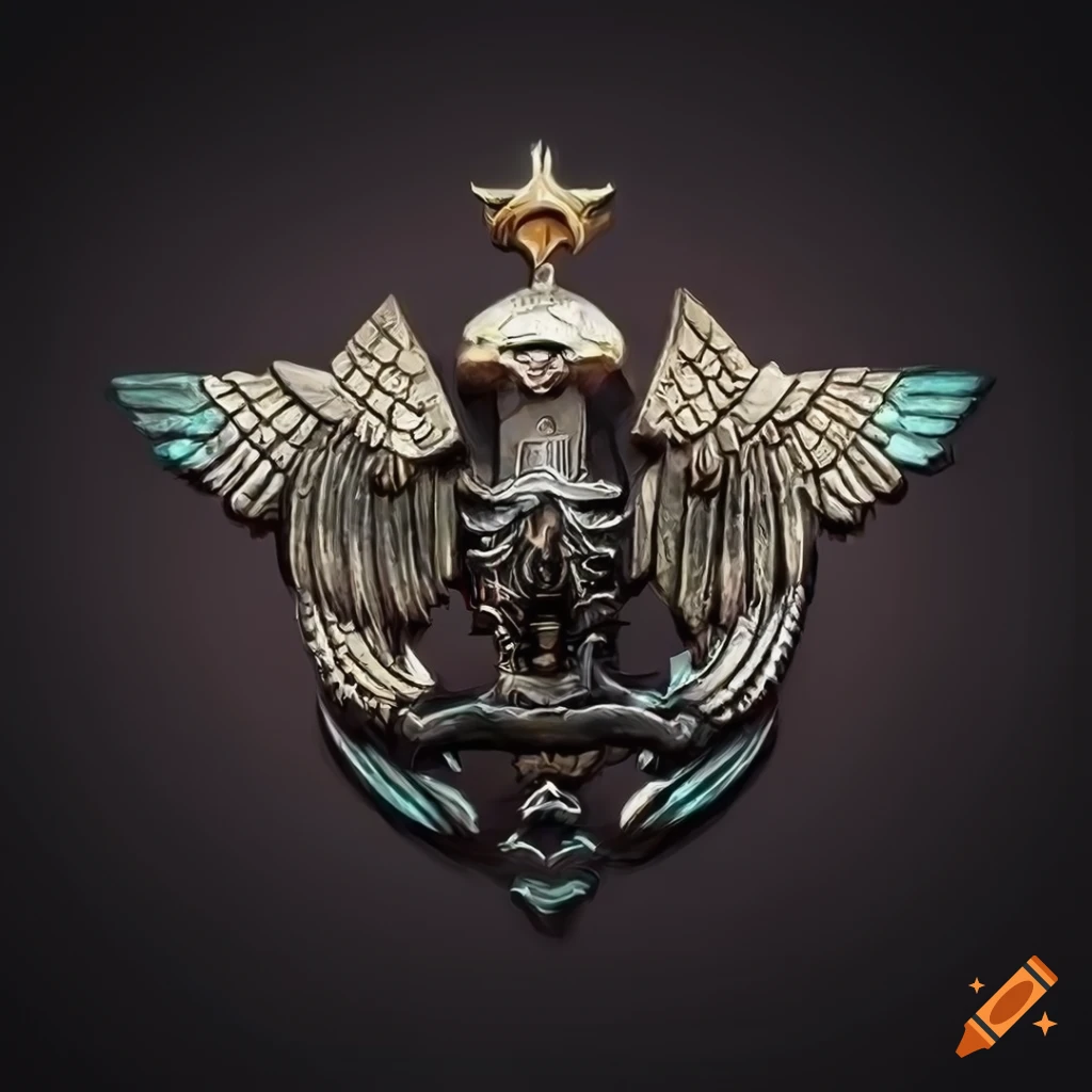 Futuristic military badge with war spaceship and metal griffin crest on ...