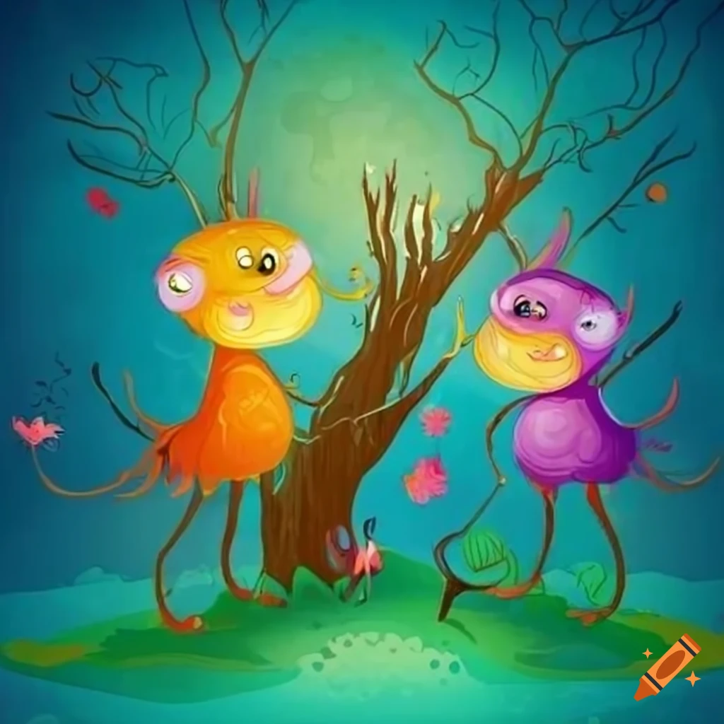 Whimsical illustration of cute creatures on a tree on Craiyon