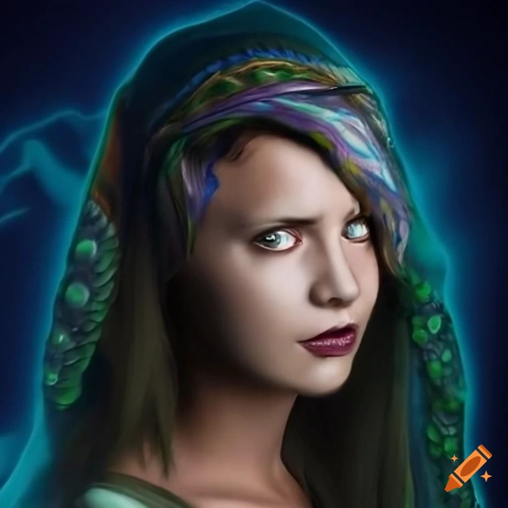 Beautiful female wizard in an ultramarine colored robe holding staff on ...