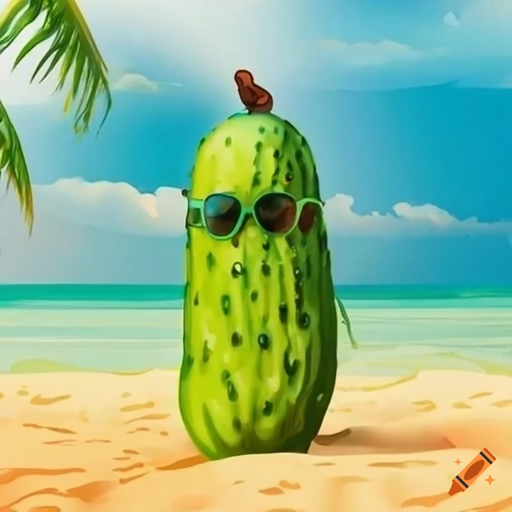 Humorous painting of a cucumber with sunglasses on a caribbean beach on ...