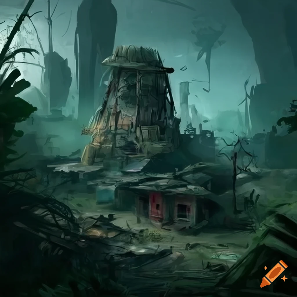 Gritty concept art of a post-apocalyptic shantytown in a jungle