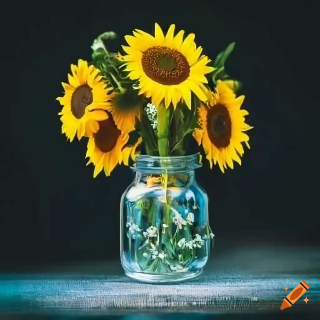 Vibrant bouquet of daisies and sunflowers in a glass jar on Craiyon