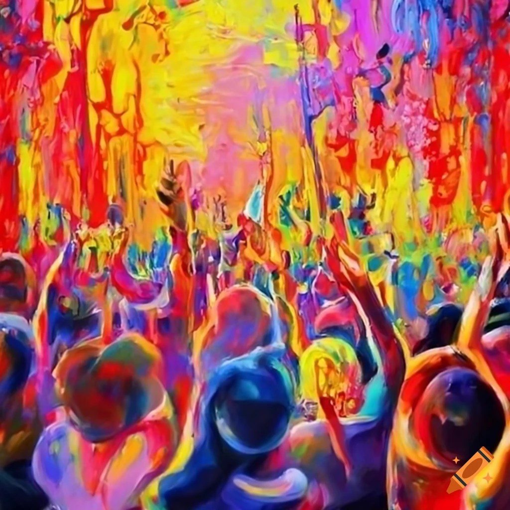 Colorful painting of a triumphant crowd and dancing couple salsa on Craiyon