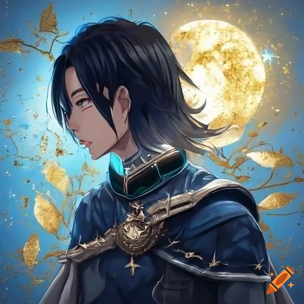Anime style painting with gold leaves and blue celestial elements on ...