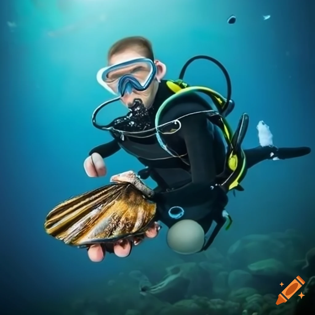 Scuba diver holding a mussel underwater