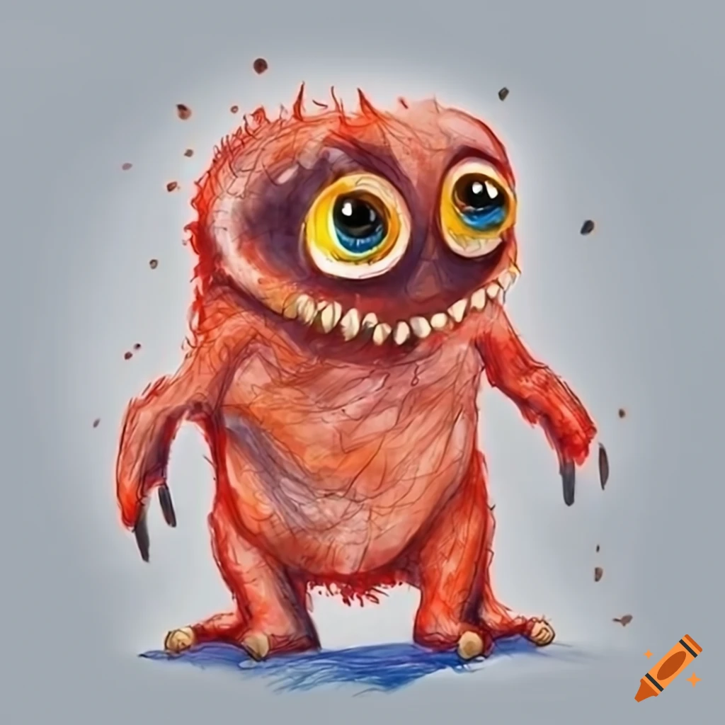 Child's drawing of an adorable dancing monster with sunflower head and ...