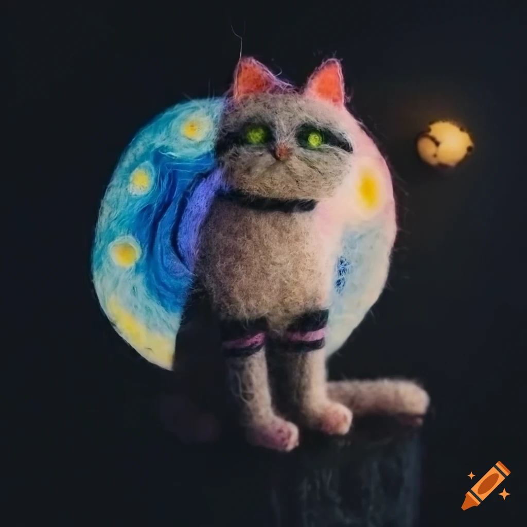 Needle felt cat under starry night diorama on Craiyon