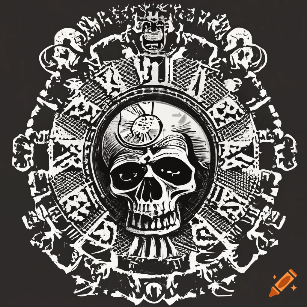 Halloween woodcut of a cuckoo wall clock with a human skull on Craiyon