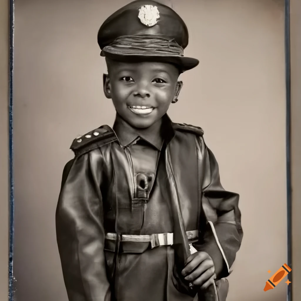 Vintage photo of a young black boy in a security guard uniform on Craiyon