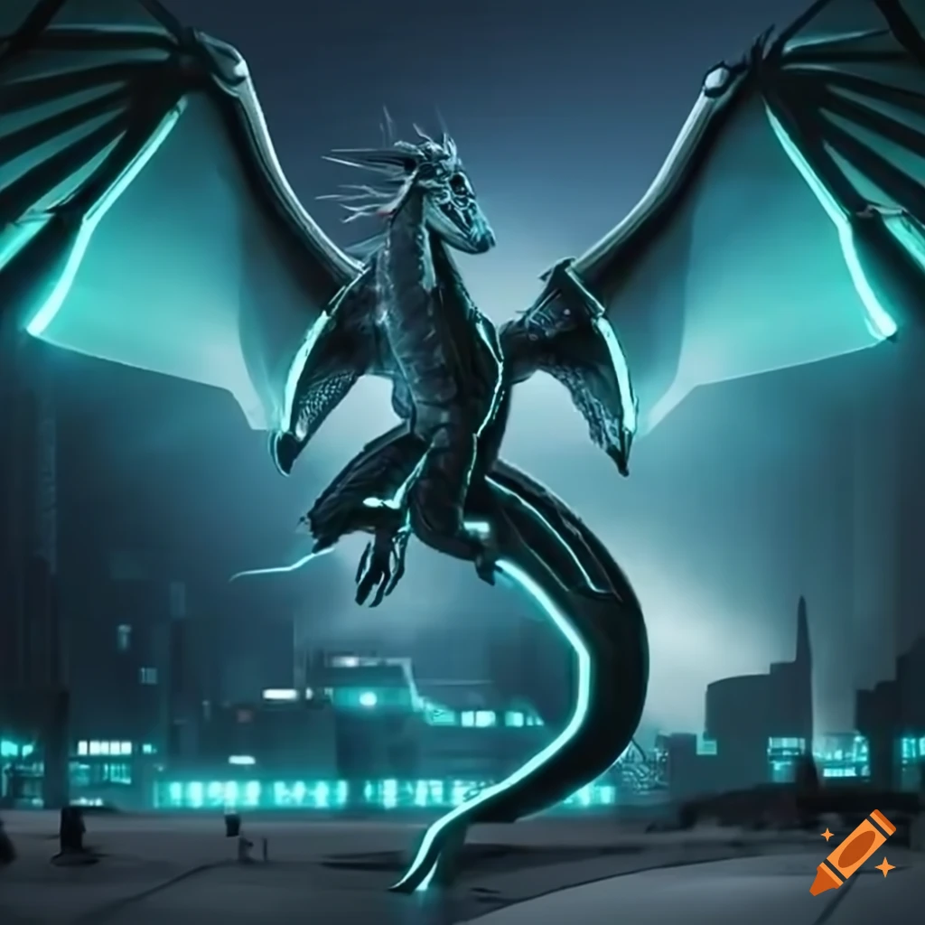 Tron dragon flying over the city on Craiyon