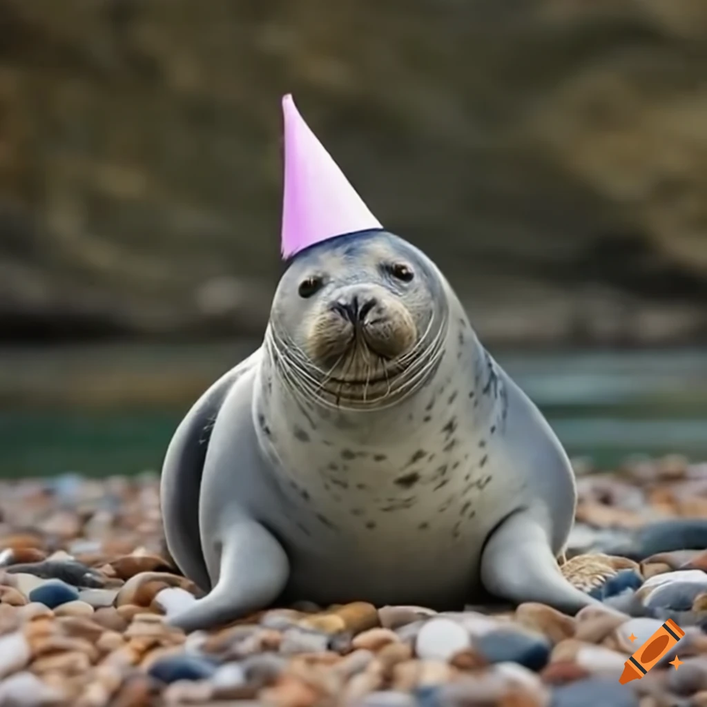 Realistic seal wearing a party hat on a beach
