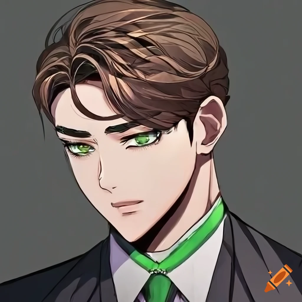 Brown-haired manhwa character in black suit and green tie