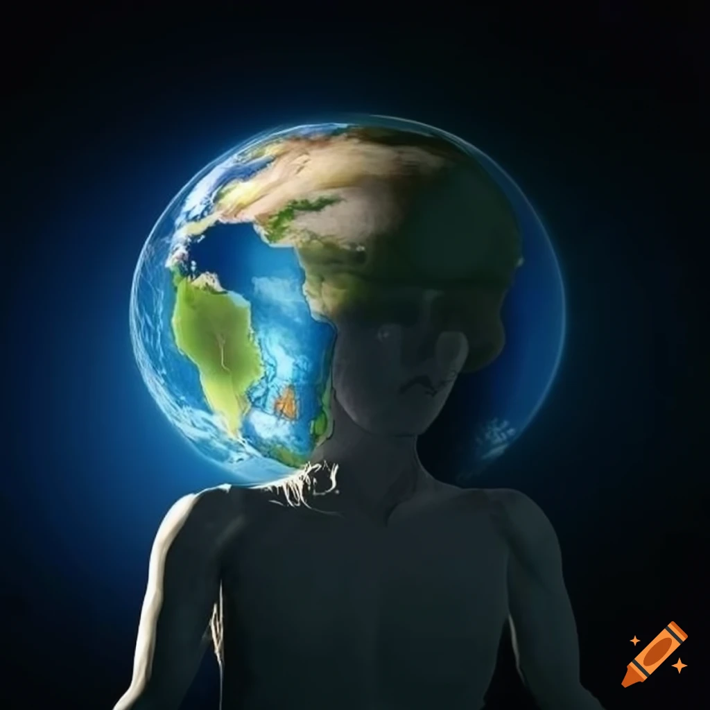 Surreal illustration of a humanoid with a globe head and satellites on ...