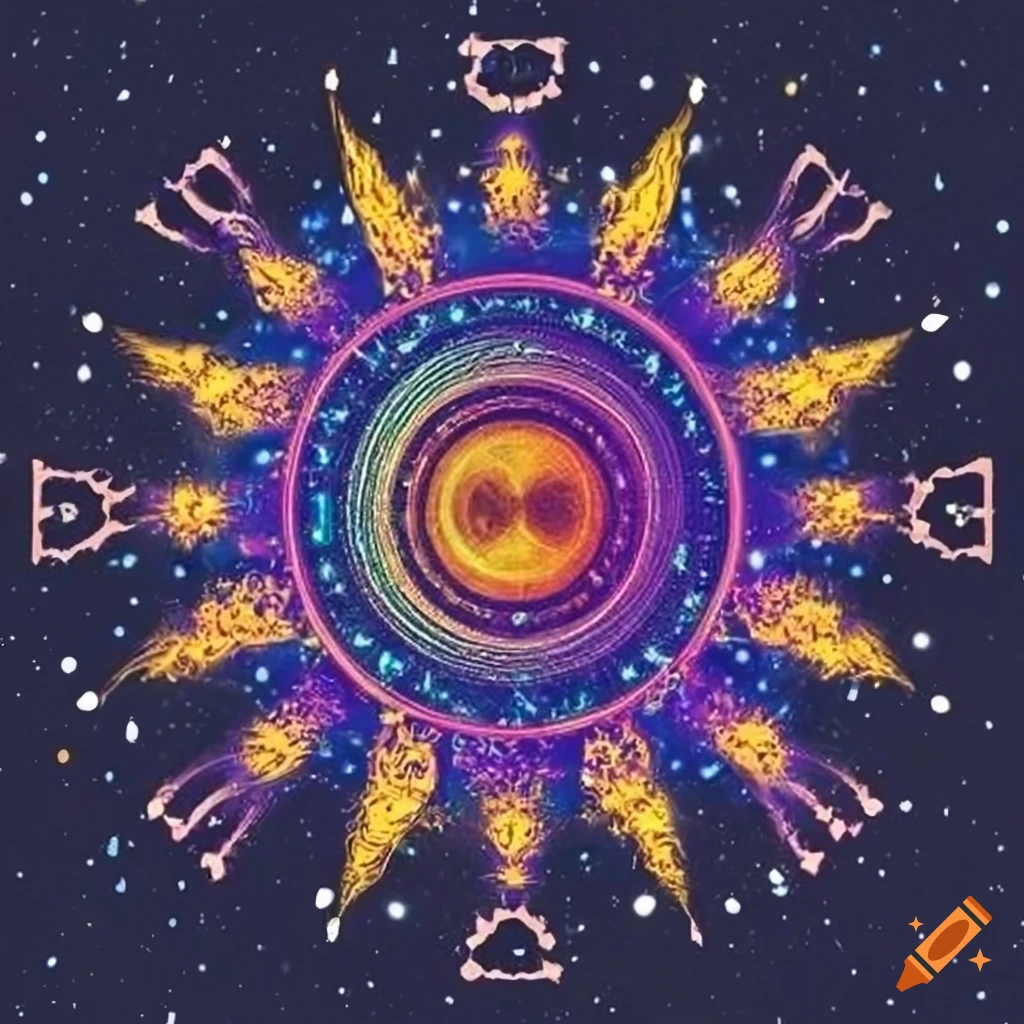 Cosmic crest logo with sun and planets on Craiyon