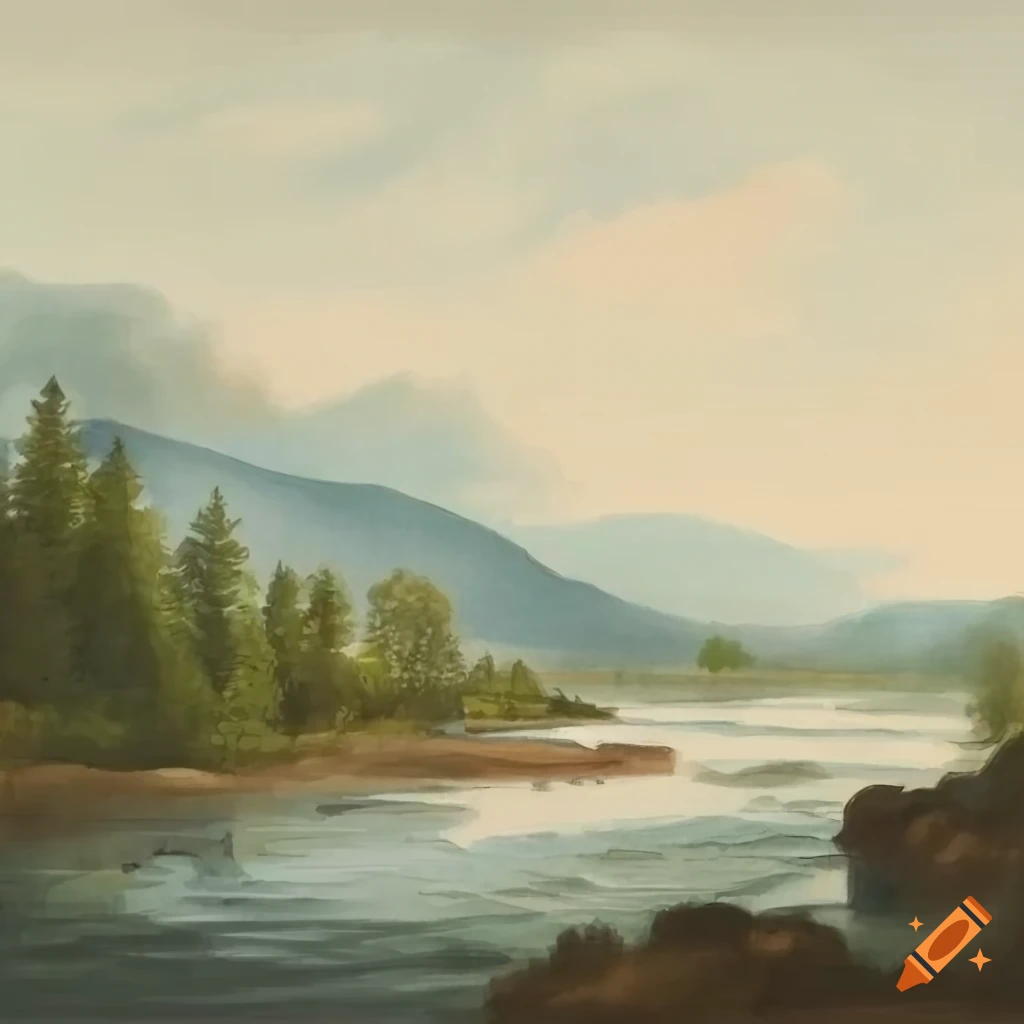 Realistic landscape of a river flowing between mountains towards a ...