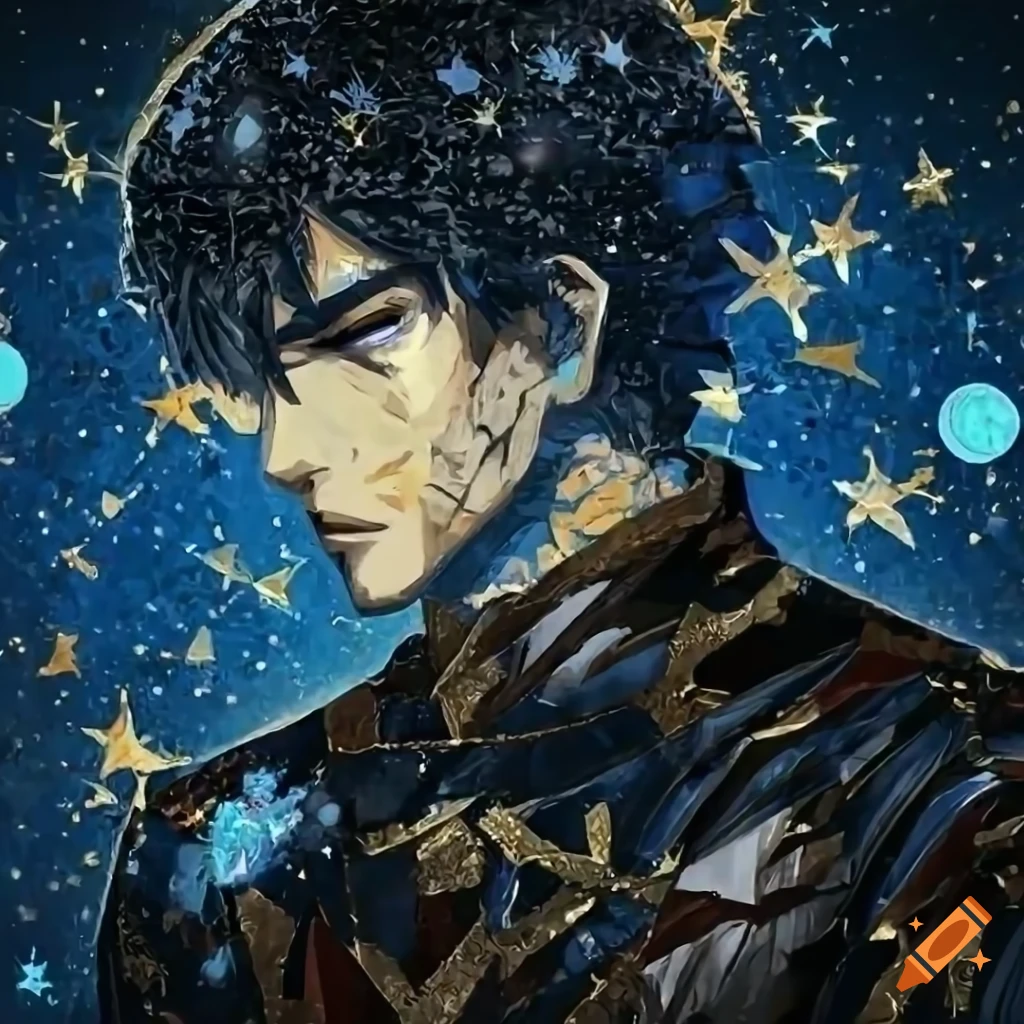 Mosaic painting in anime style with gold and silver accents on Craiyon