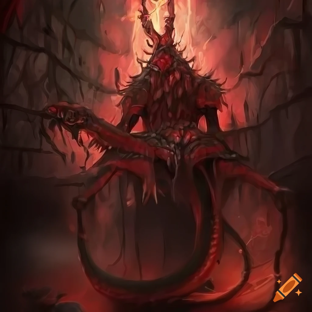 Digital art of a towering red haired insectoid snake