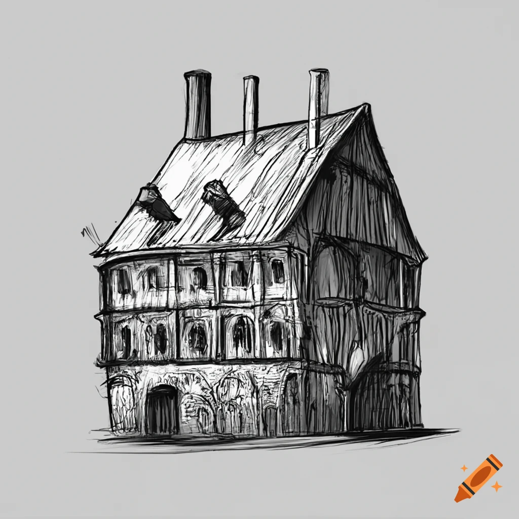Hand-drawn sketch of medieval bricks and ruins in black and white on ...