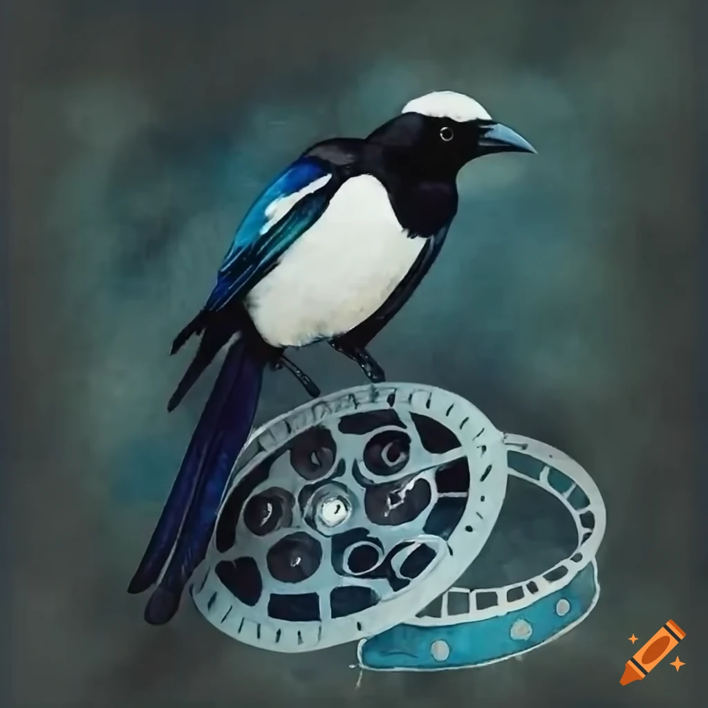 Magpie sitting on a film reel