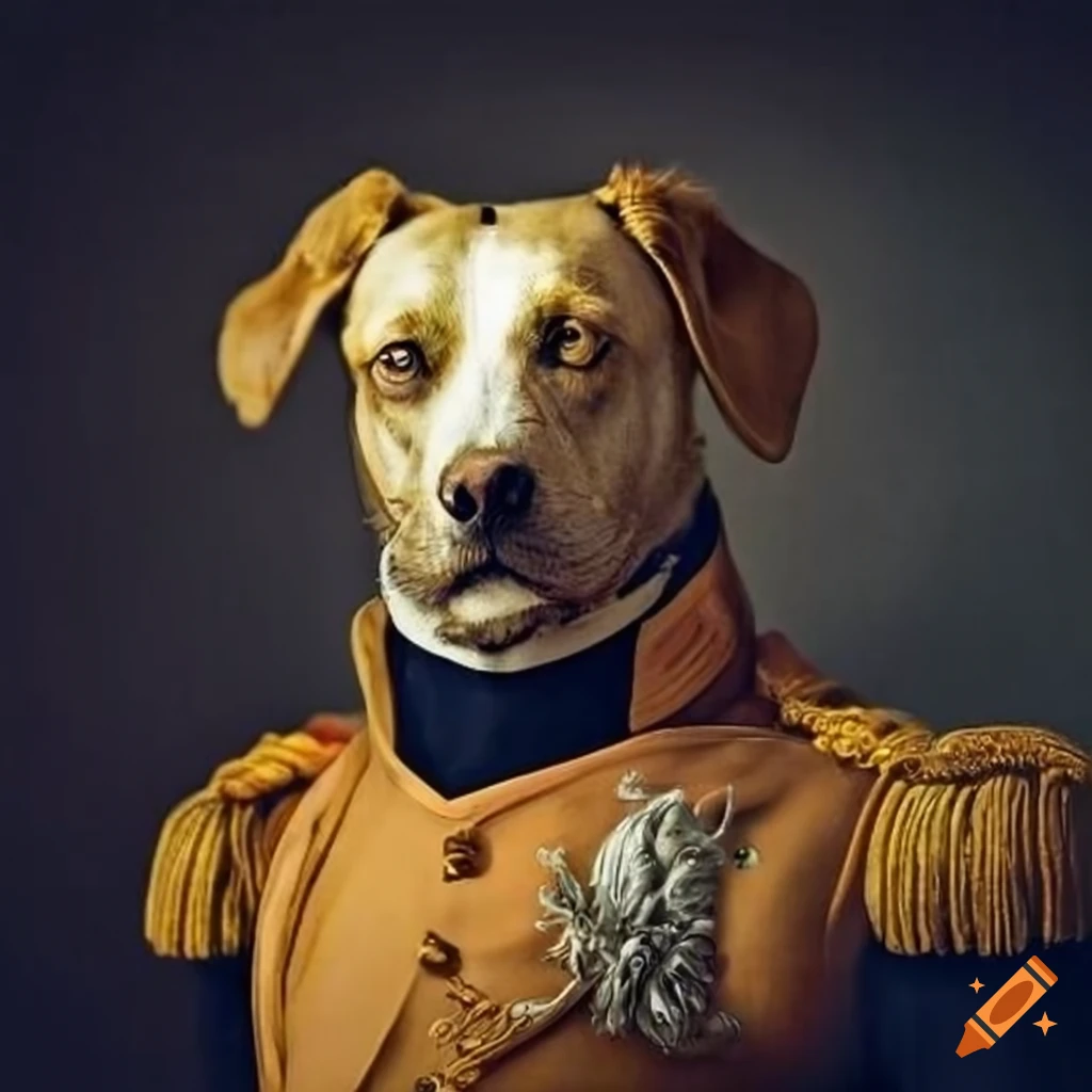 Artistic representation of Napoleon Bonaparte with a dog's head on Craiyon