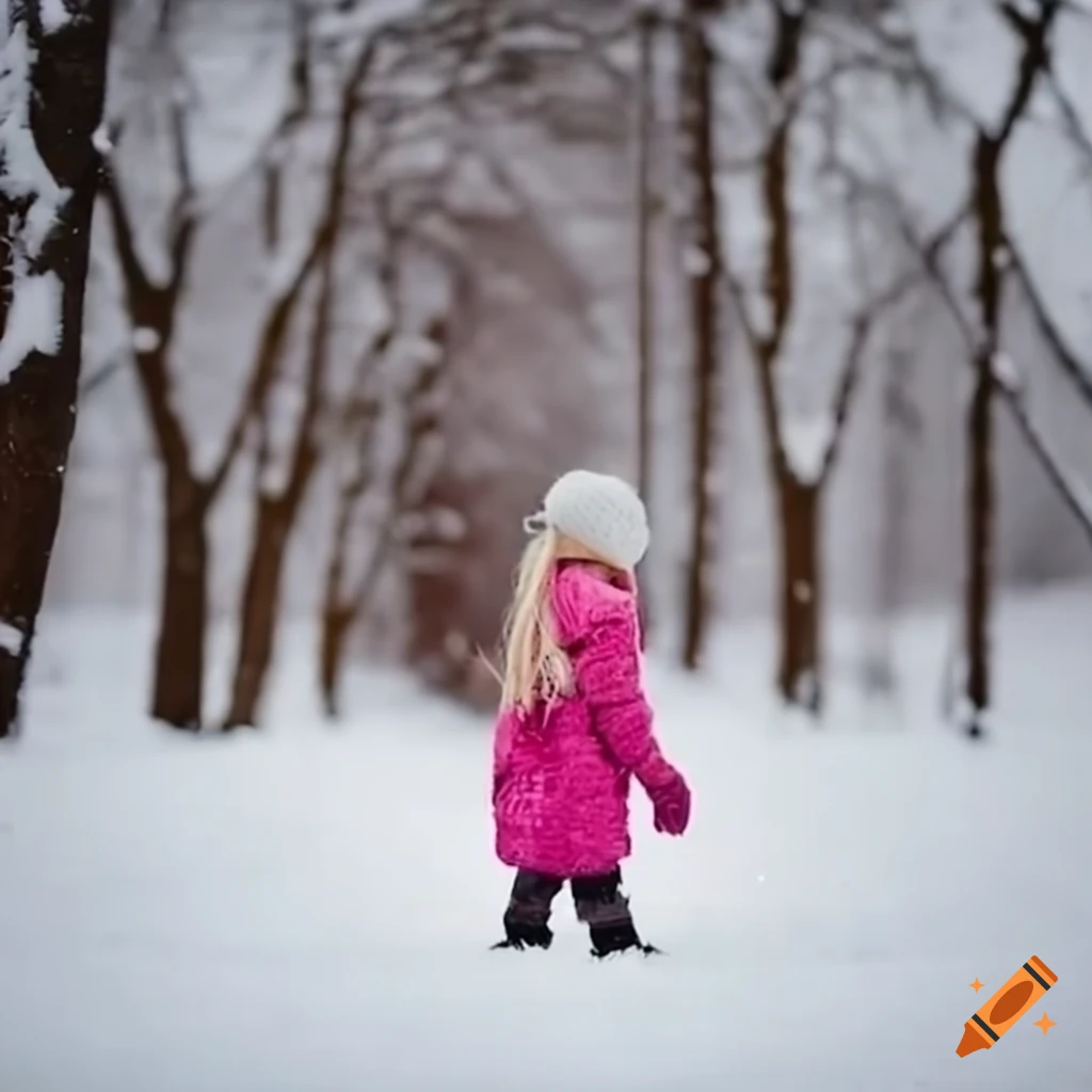 Back view of a little girl in the snow