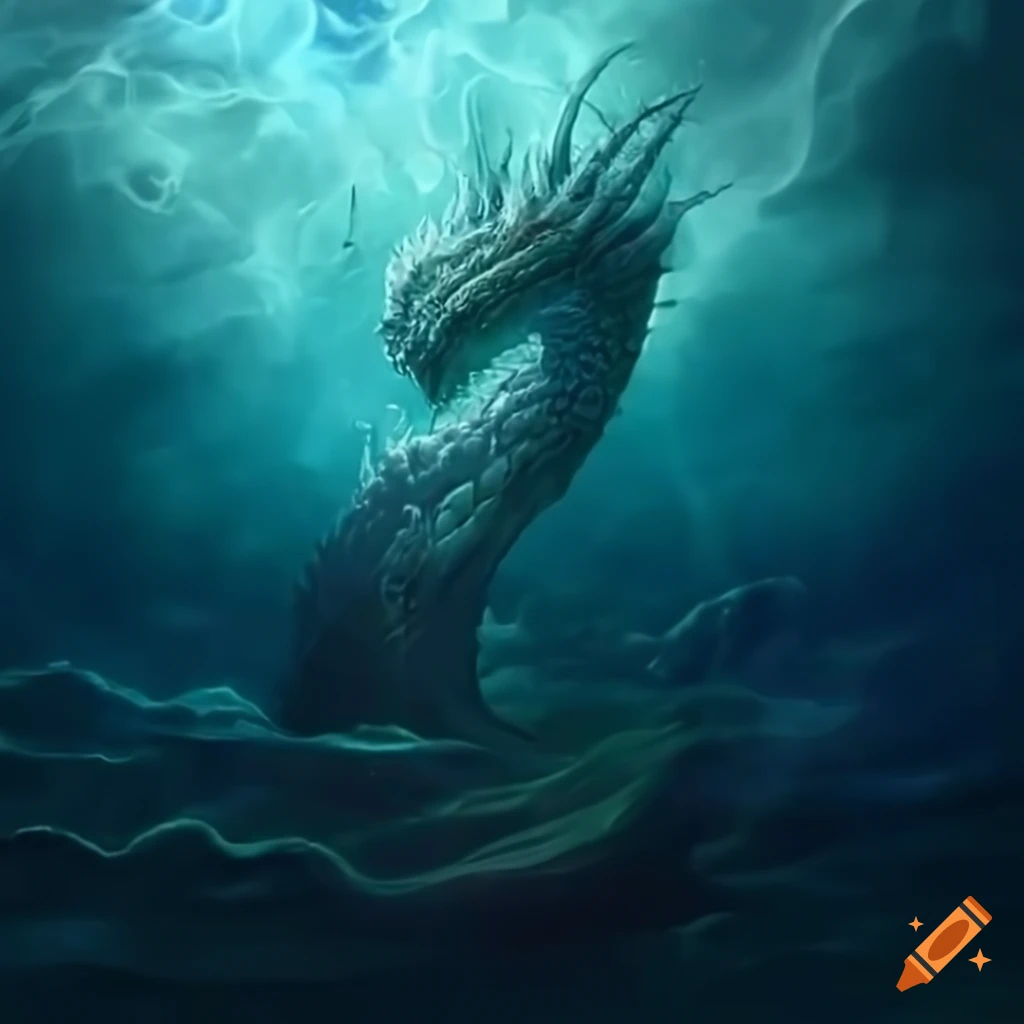 Illustration of a monstrous creature emerging from the sea on Craiyon