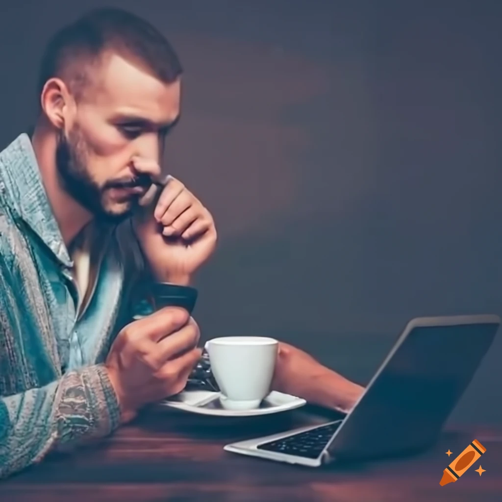 A man typing on his laptop while drinking coffee on Craiyon