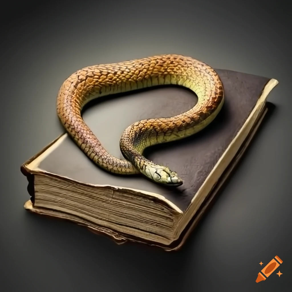 Photorealistic image of an old book with a small snake