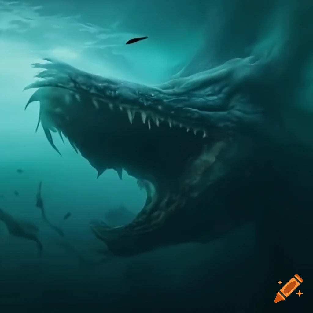 Dramatic image of a monster emerging from the sea on Craiyon