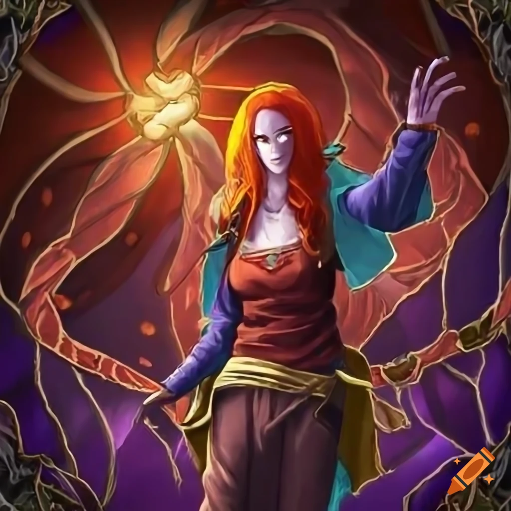 Stained glass style illustration of a flying mage with billowing hair ...
