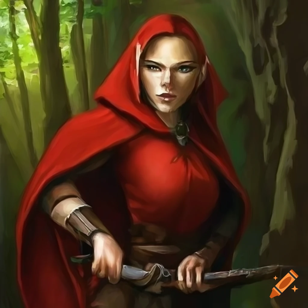 Oil painting of an elf rogue in a red cape in a forest on Craiyon