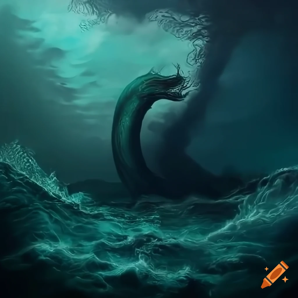 Detailed fairytale illustration of a monster emerging from the sea on ...