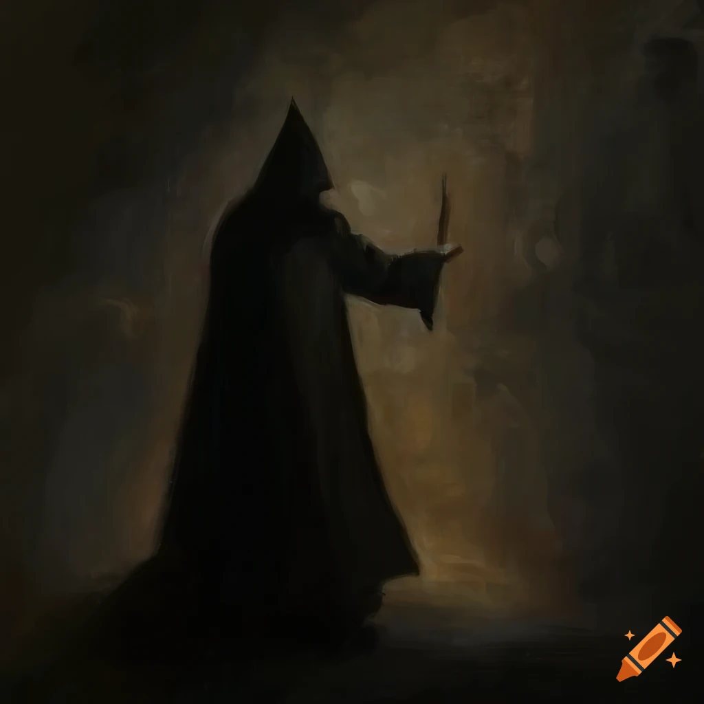 Dark baroque painting of ominous figures in fog on Craiyon