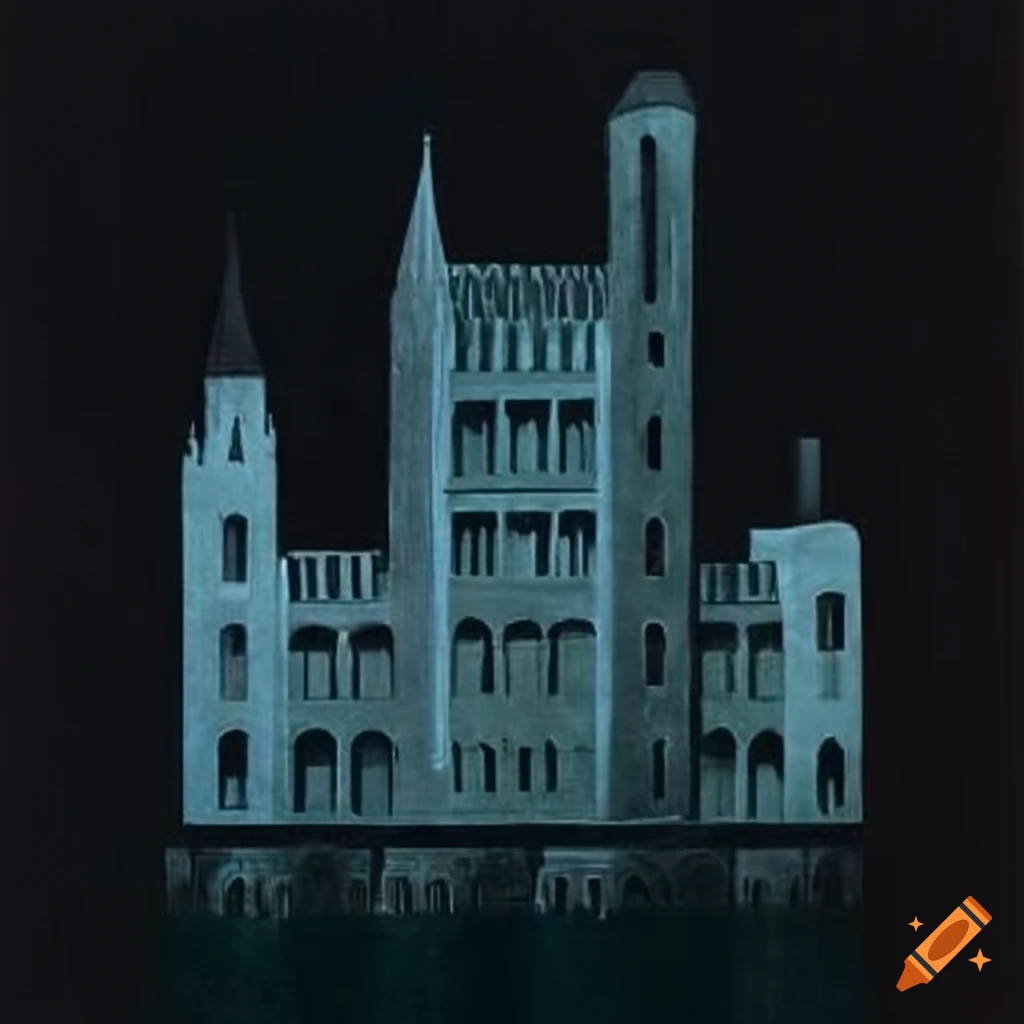 Serigraph of a Brutalist Castle by Eyvind Earle on Craiyon