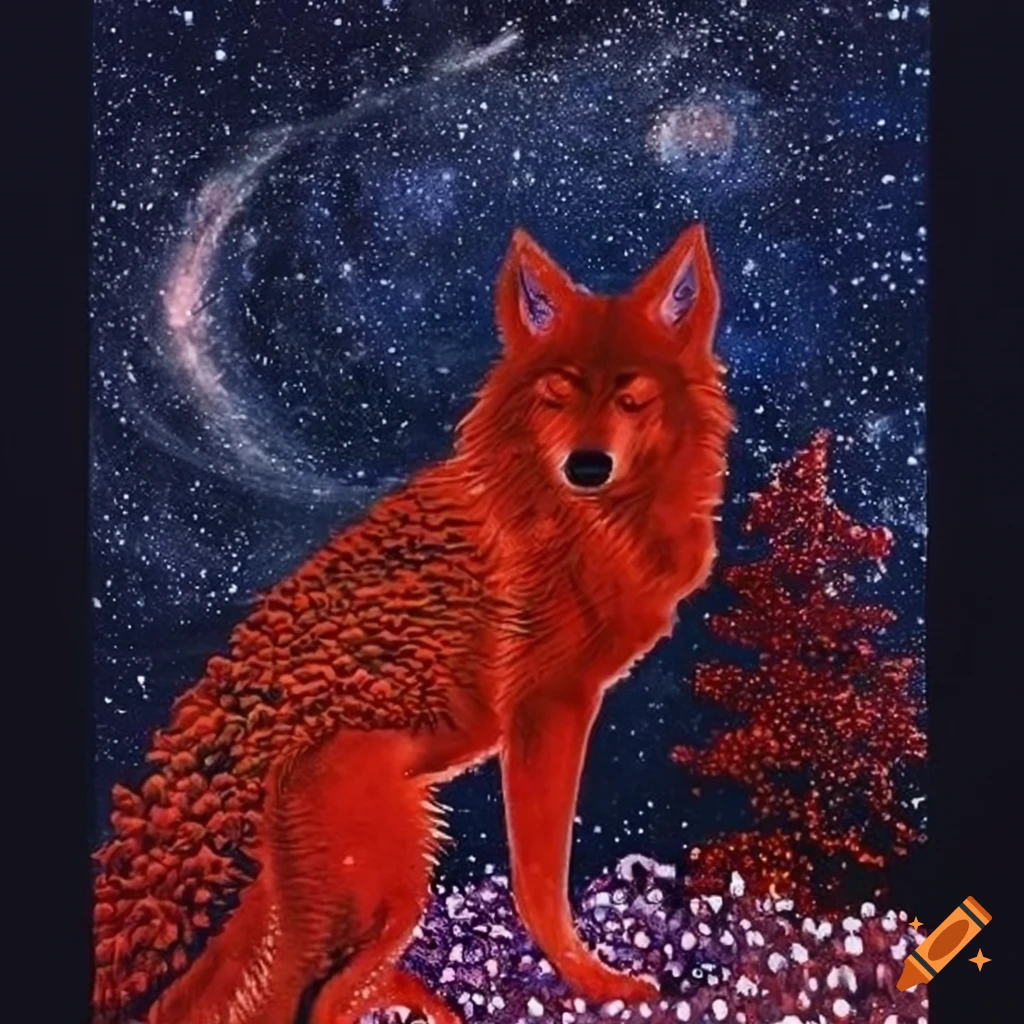 Serigraph of red wolves in winter forest on Craiyon