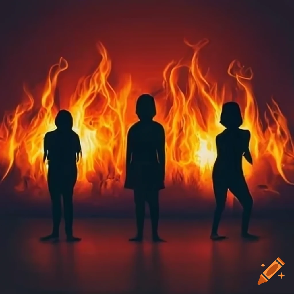 Silhouettes standing in front of glowing fire on Craiyon