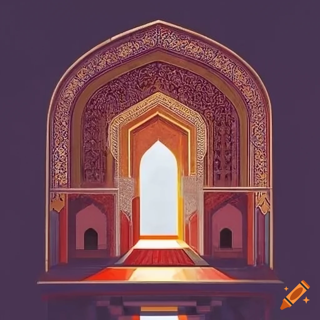 Geometric abstract architectural art with red and gold on Craiyon