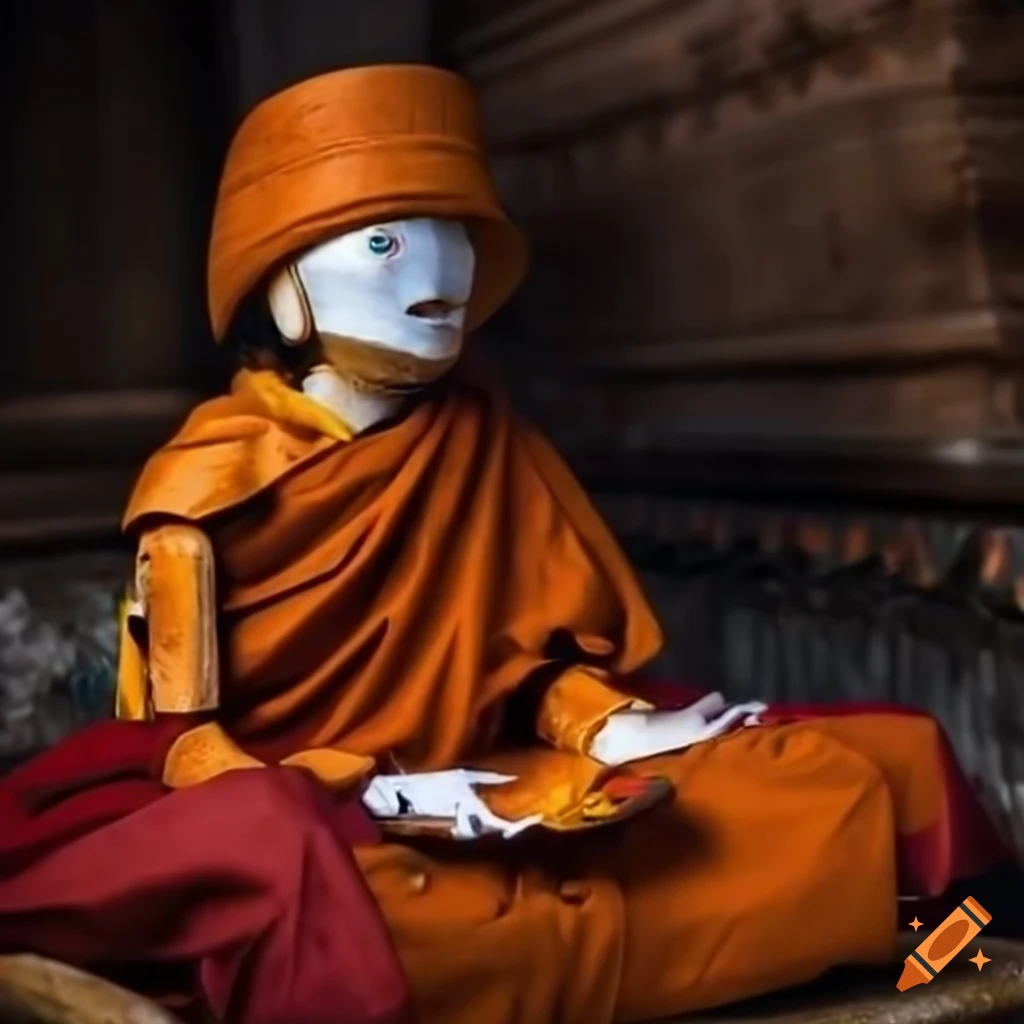 Artwork of a meditating robot monk in the mountains on Craiyon