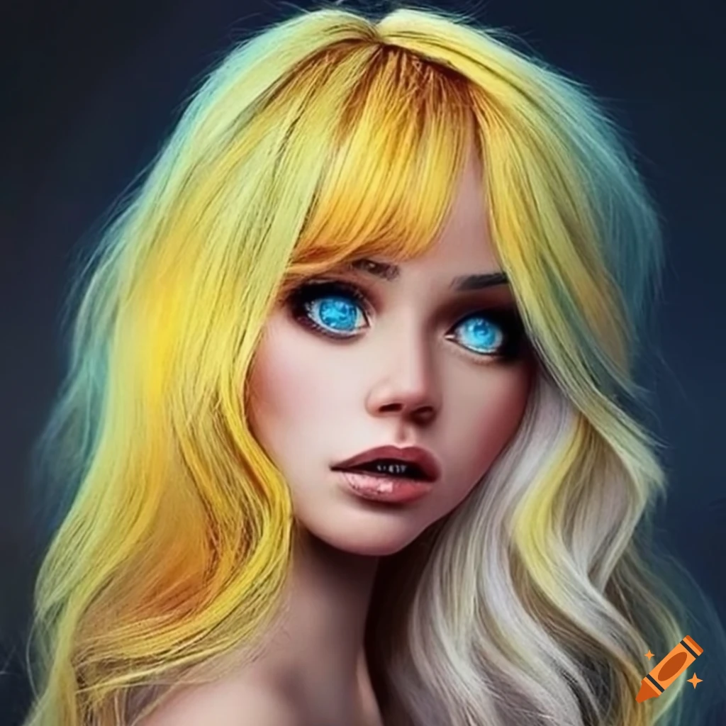 Close Up Portrait Of A Woman With Blue Eyes And Yellow Wavy Hair
