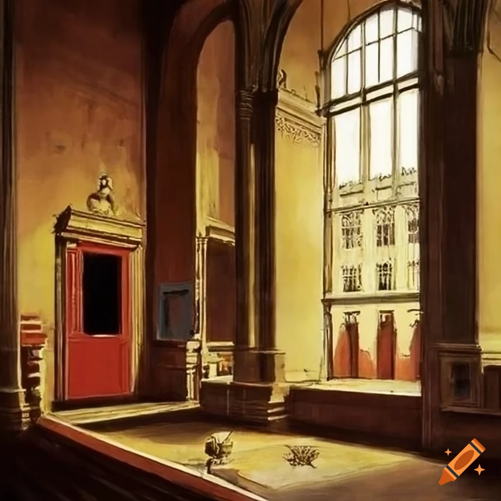 Cartoonish characters in a magnificent palace drawing admiring glances ...