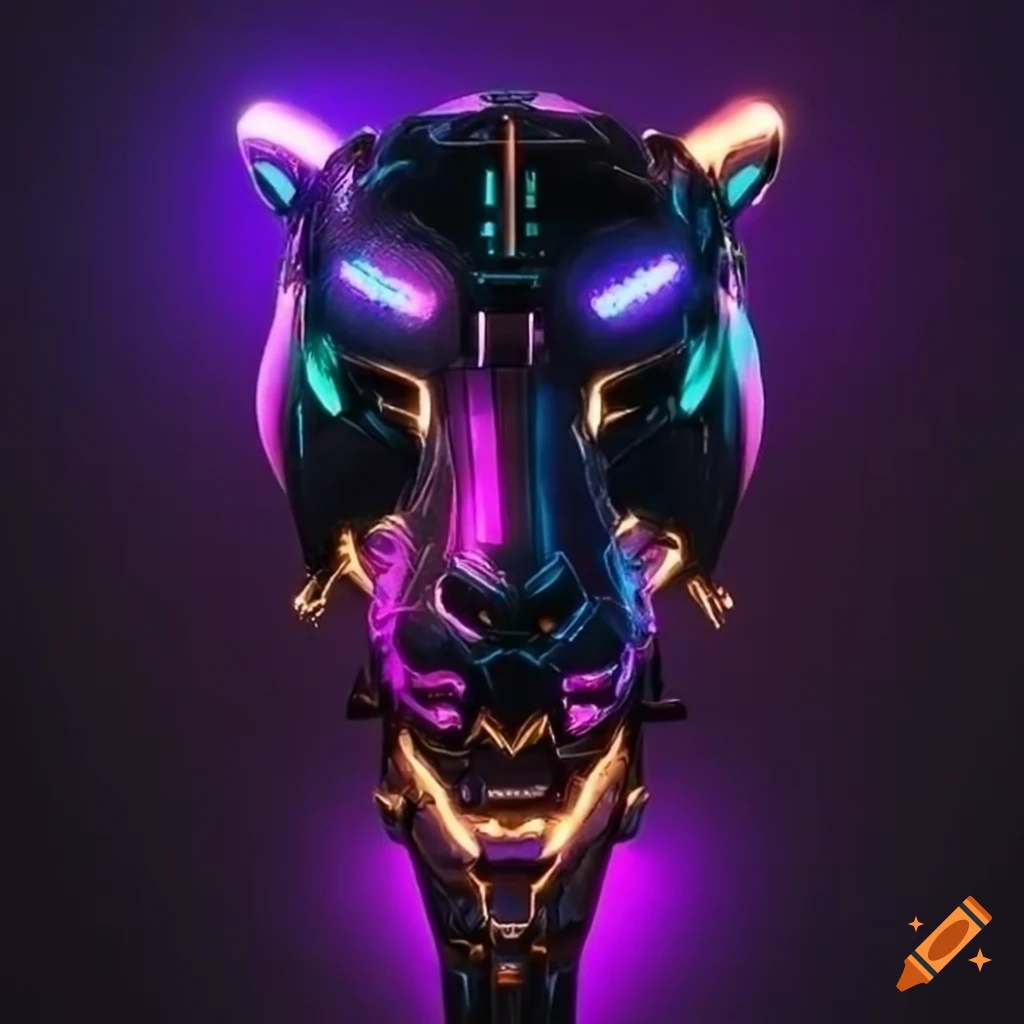 Cyberpunk mechanical panther with gold highlights and purple lights on ...
