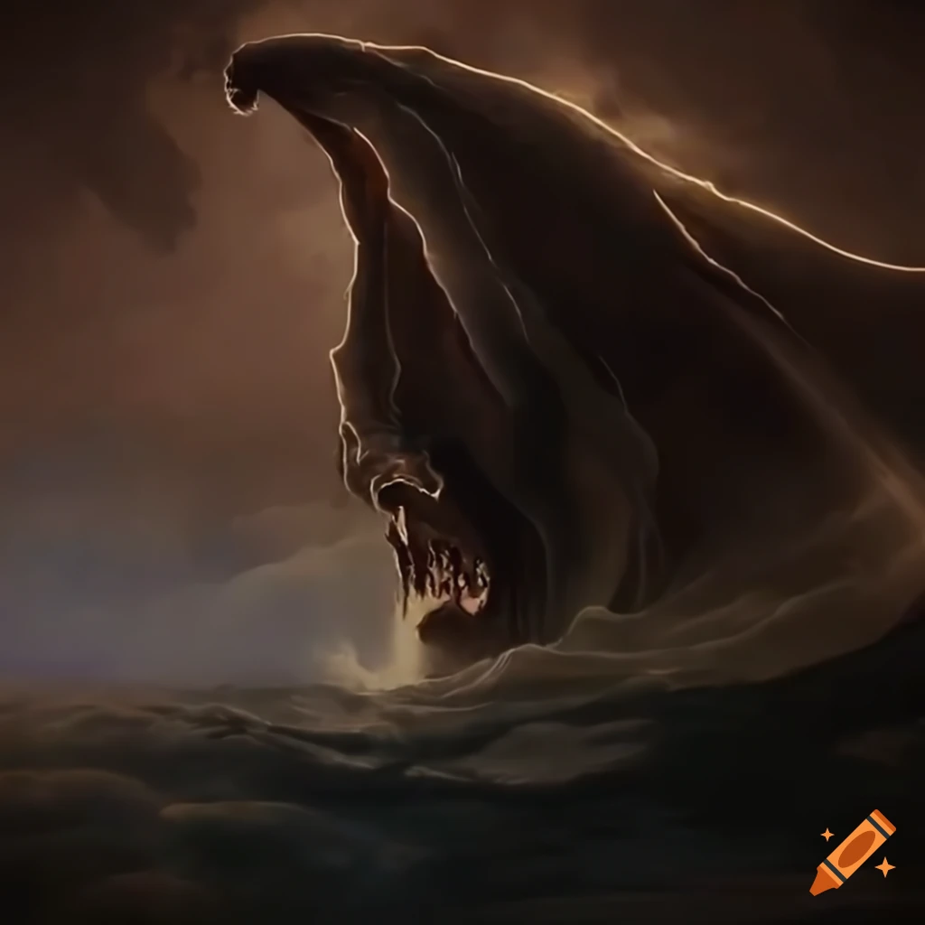 Illustration of a monstrous creature emerging from the sea on Craiyon