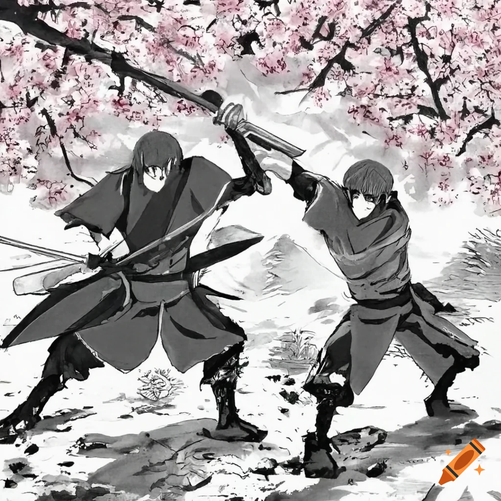 Ink painting of warriors engaged in a sword fight on Craiyon