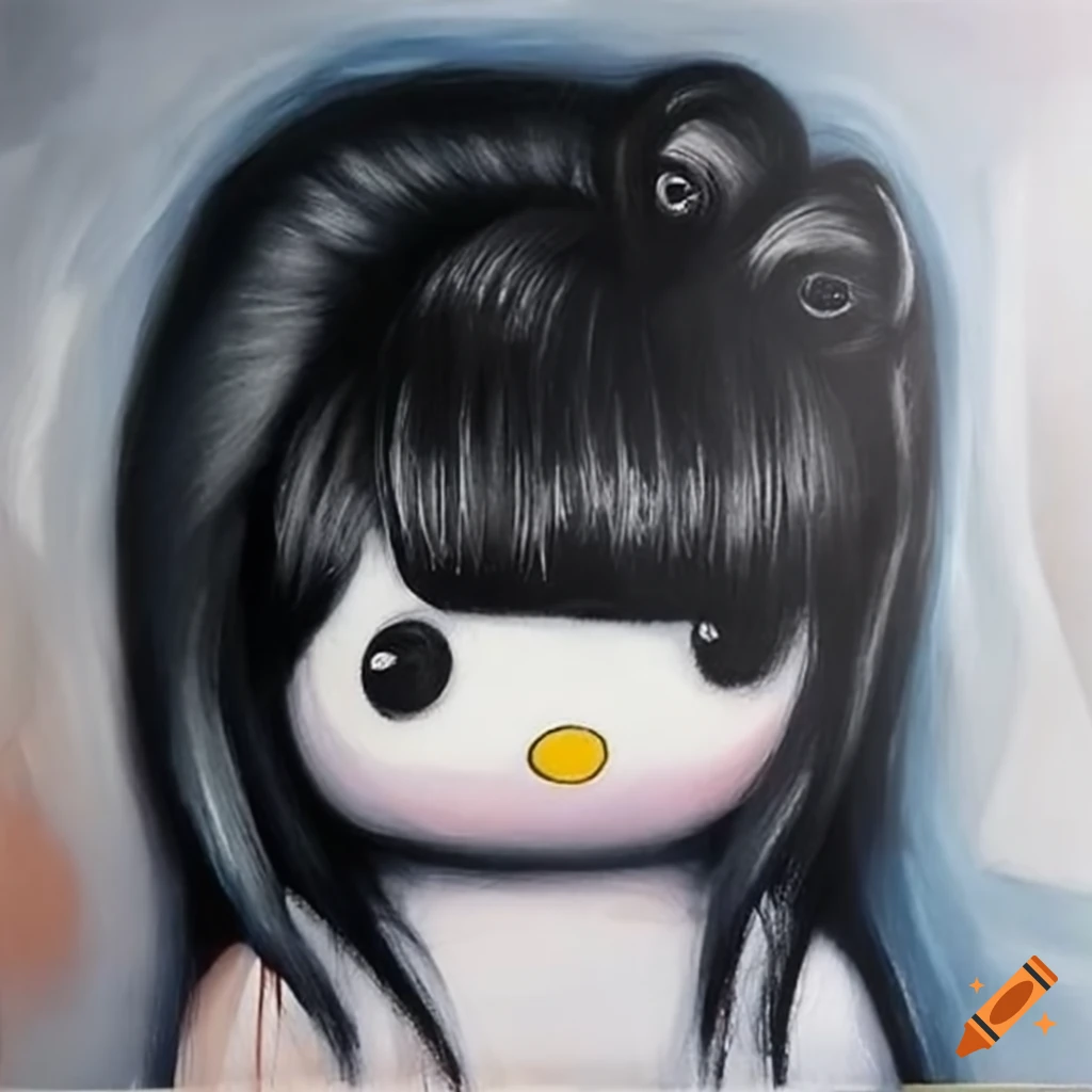 Hello kitty with long black hair and big eyelashes