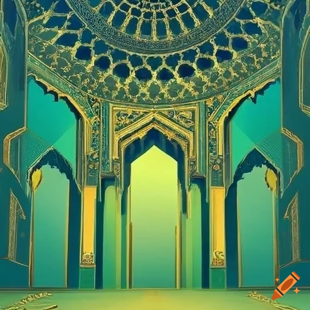 Abstract geometric architectural art with green and gold accents on Craiyon