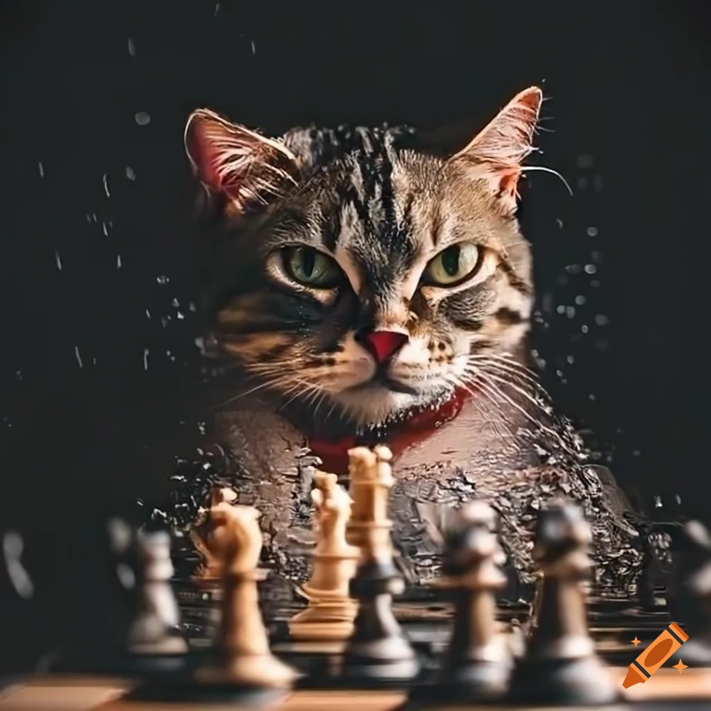 Photorealistic depiction of a cat playing chess on a rainy day on Craiyon