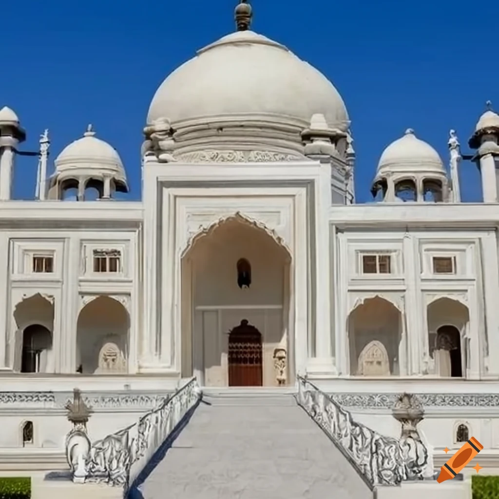 Frontal view of mahal white house in mediterranean architectural style ...
