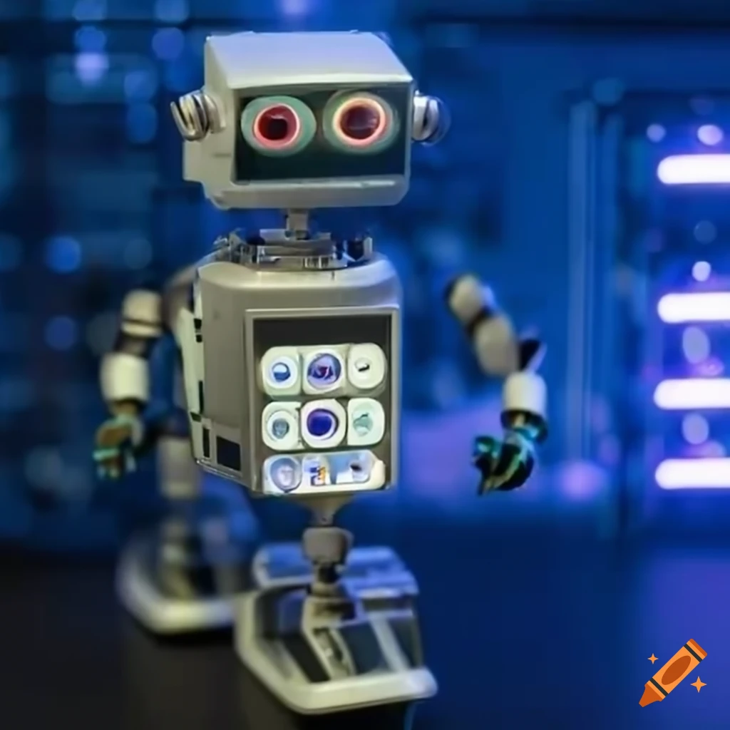 Futuristic robot next to illuminated machine with lettered buttons on ...