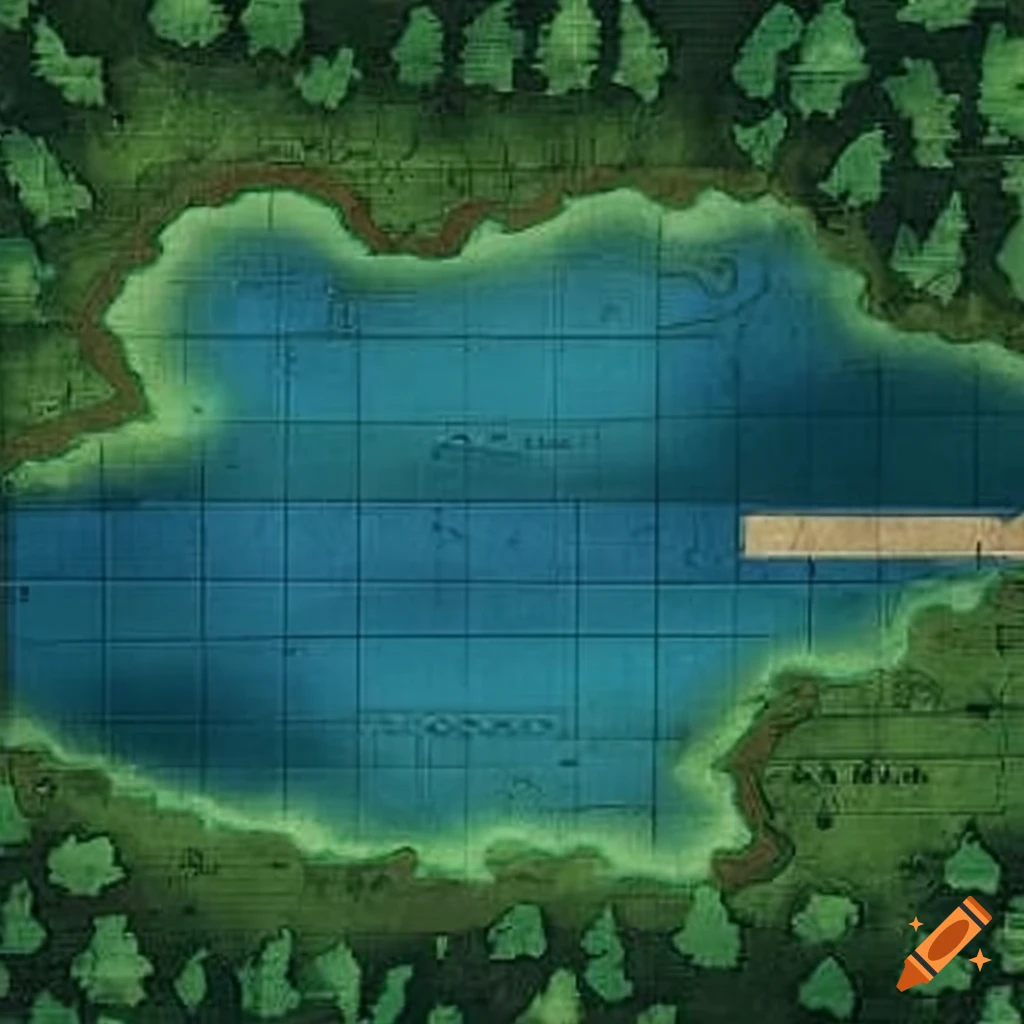 Grid battle map of a river and forest on Craiyon