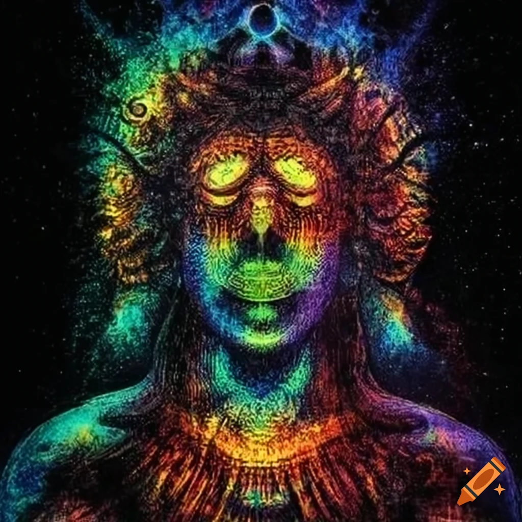 Mountain of cosmic god faces in a woodcut ink style on Craiyon